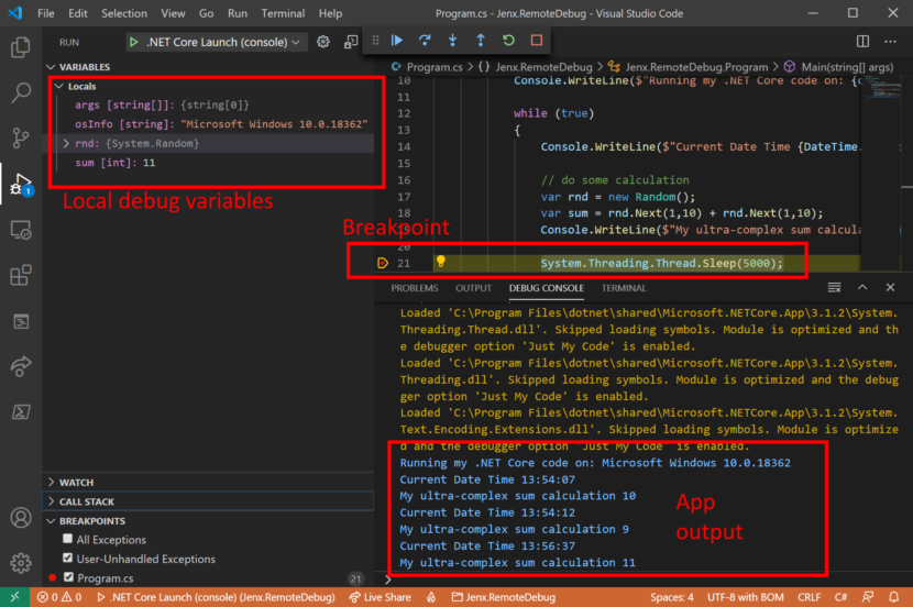 Visual Studio Code remote debugging of a .Net Core application running ...